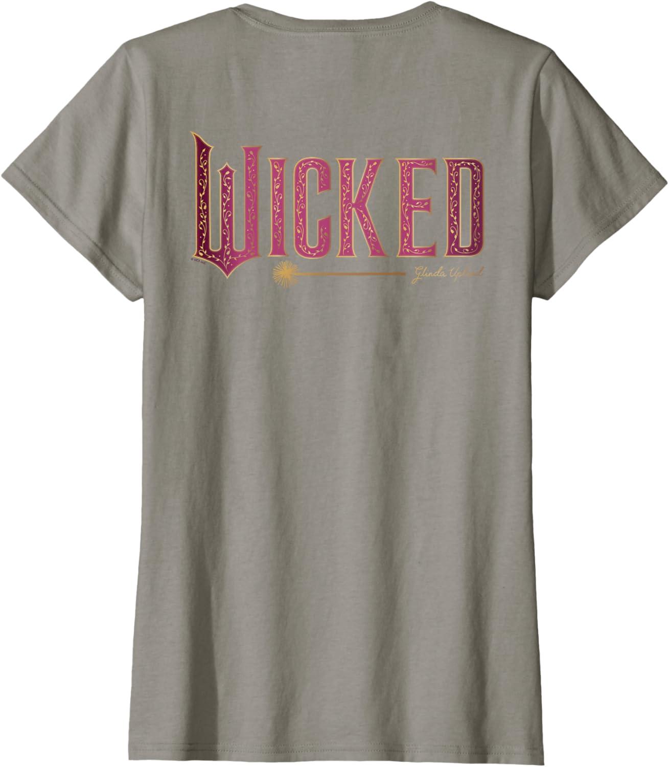 Wicked Movie Logo Glinda Pink And Gold Wand T-Shirt(Slate Grey) - Wicked